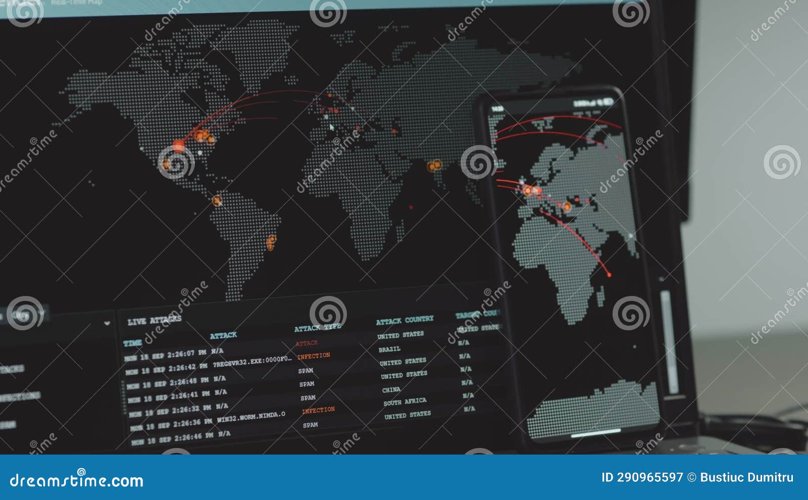 Global Cyber Attack with World Map on Mobile Phone and Computer Screen. List of Live Attacks ...
