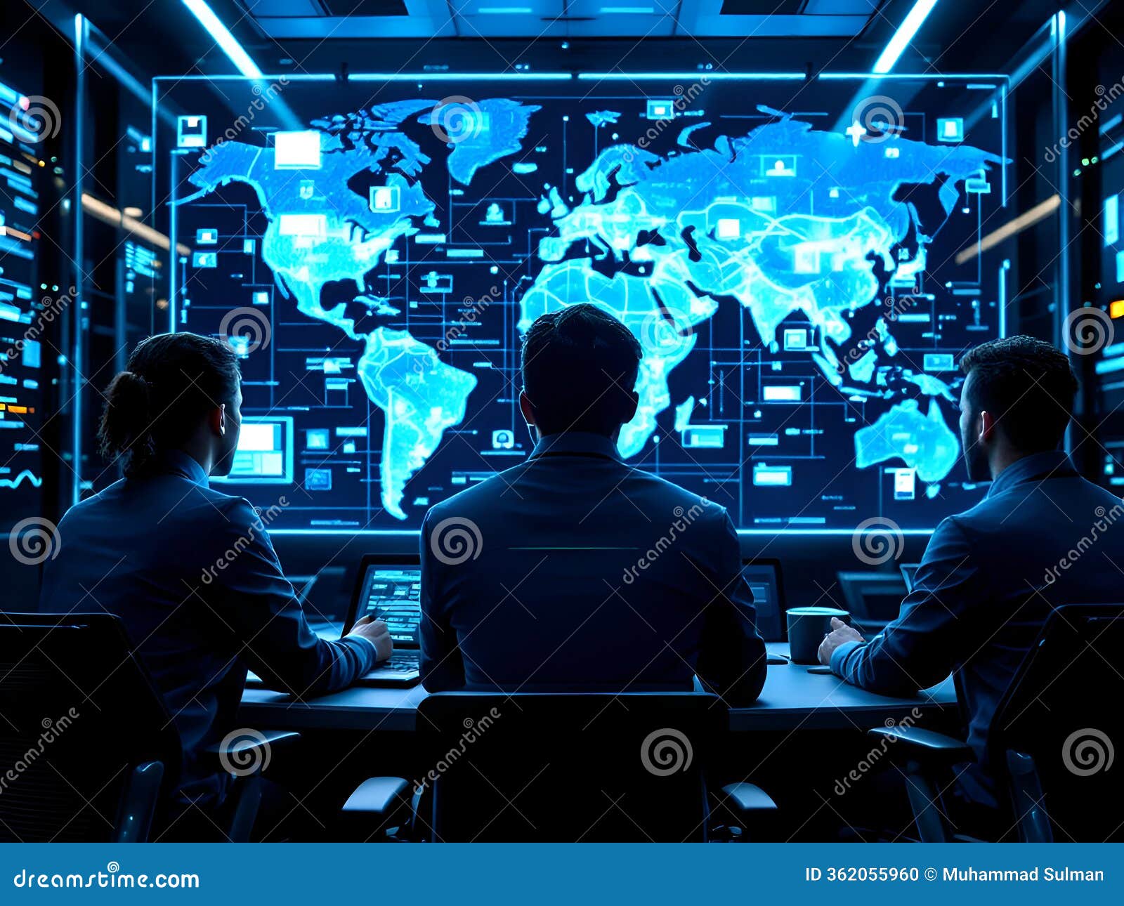Global Cybersecurity Command Center with High-Tech Data Visualization ...