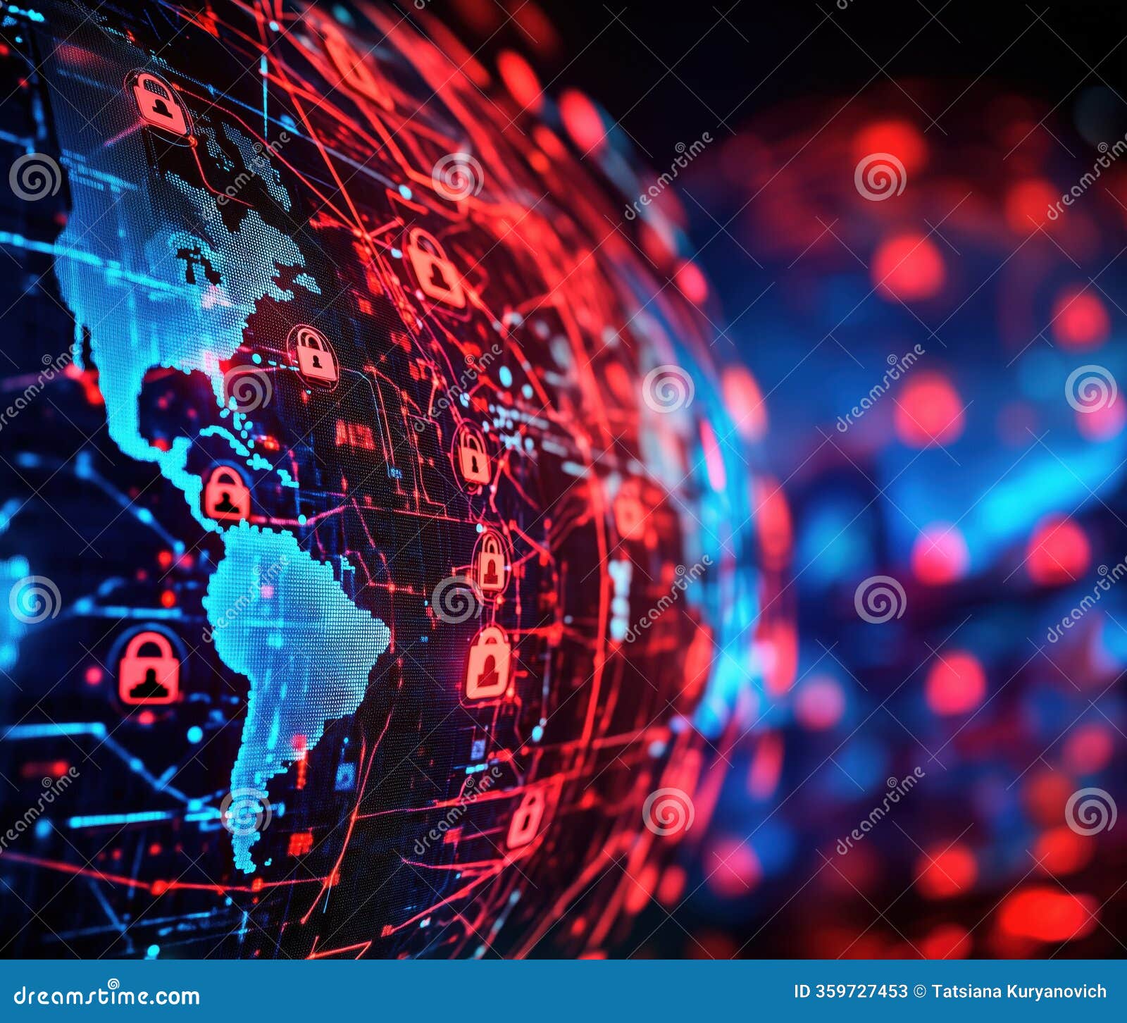 Global Cybersecurity Network Visualization with Lock Icons, Digital World Map, Data Protection ...