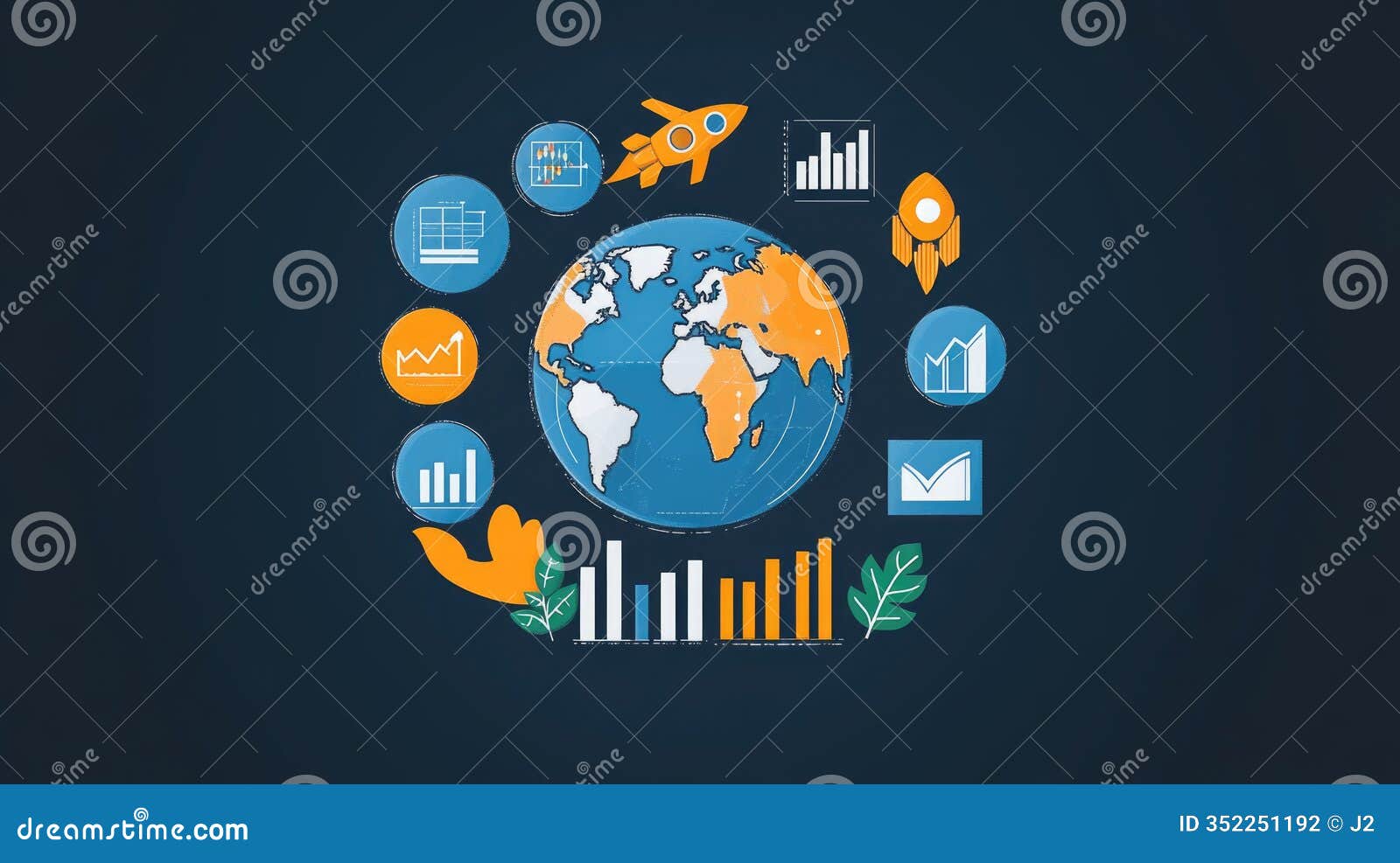 Global Data Analysis with Colorful Charts Surrounding a World Map Stock ...