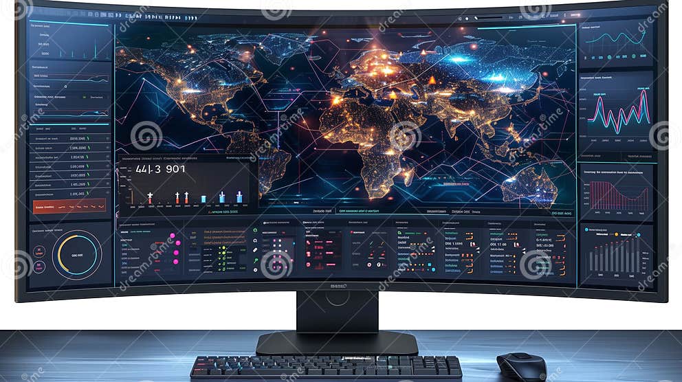 Global Data Network Visualization on Wide Monitor Stock Illustration ...