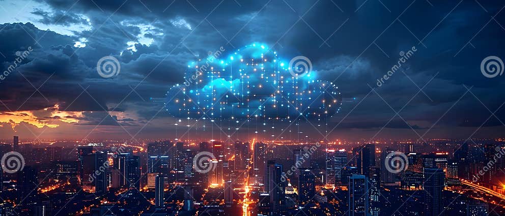 Global Data Symphony: Cloud Networking Over Cityscape. Concept Cloud Computing, Technology ...