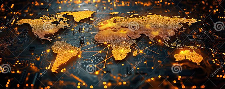 Global Data Transfer, Connectivity Visualized on Circuit Board. World ...