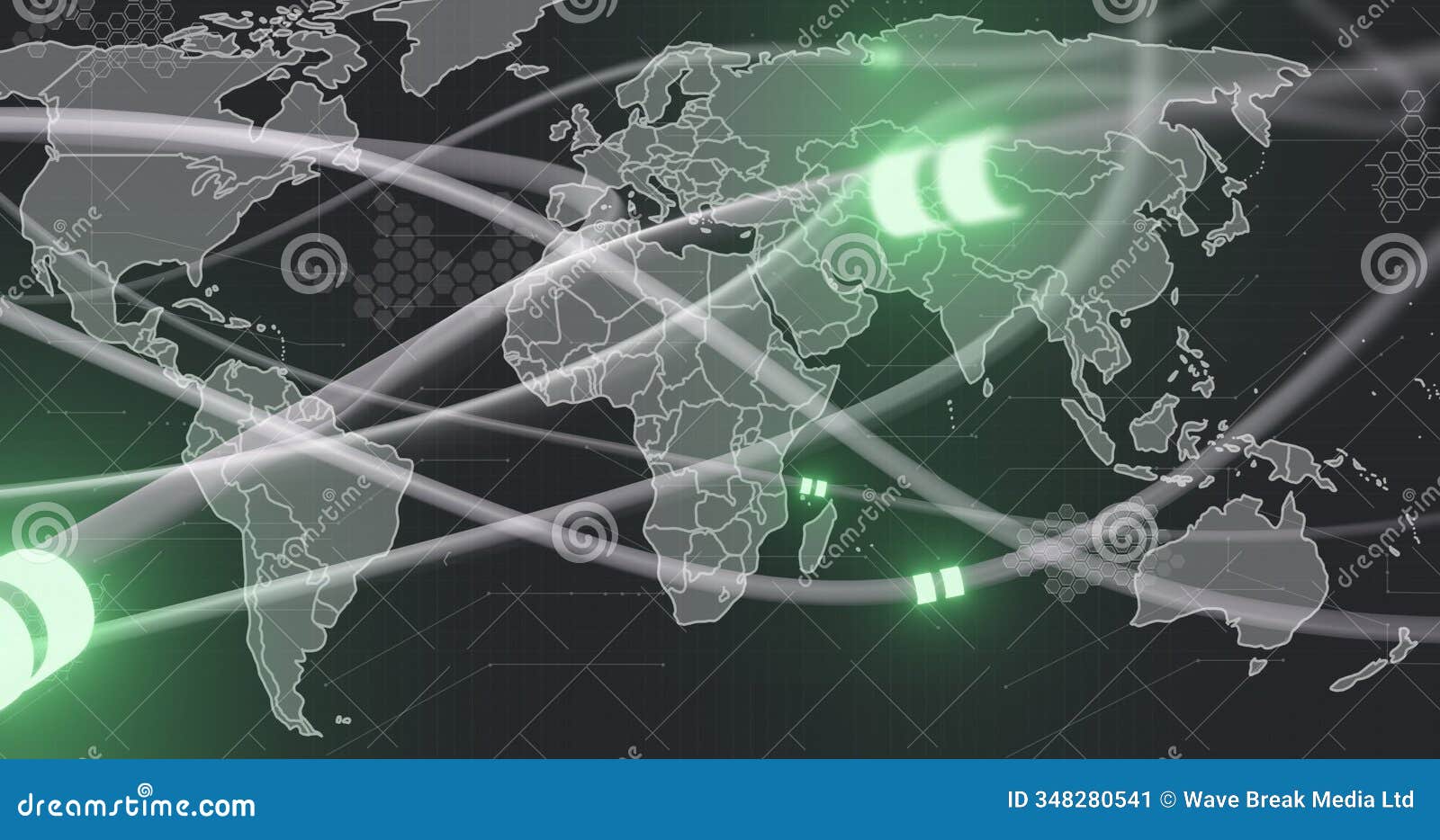 Global Data Transfer Image Over World Map With Green Glowing Nodes ...