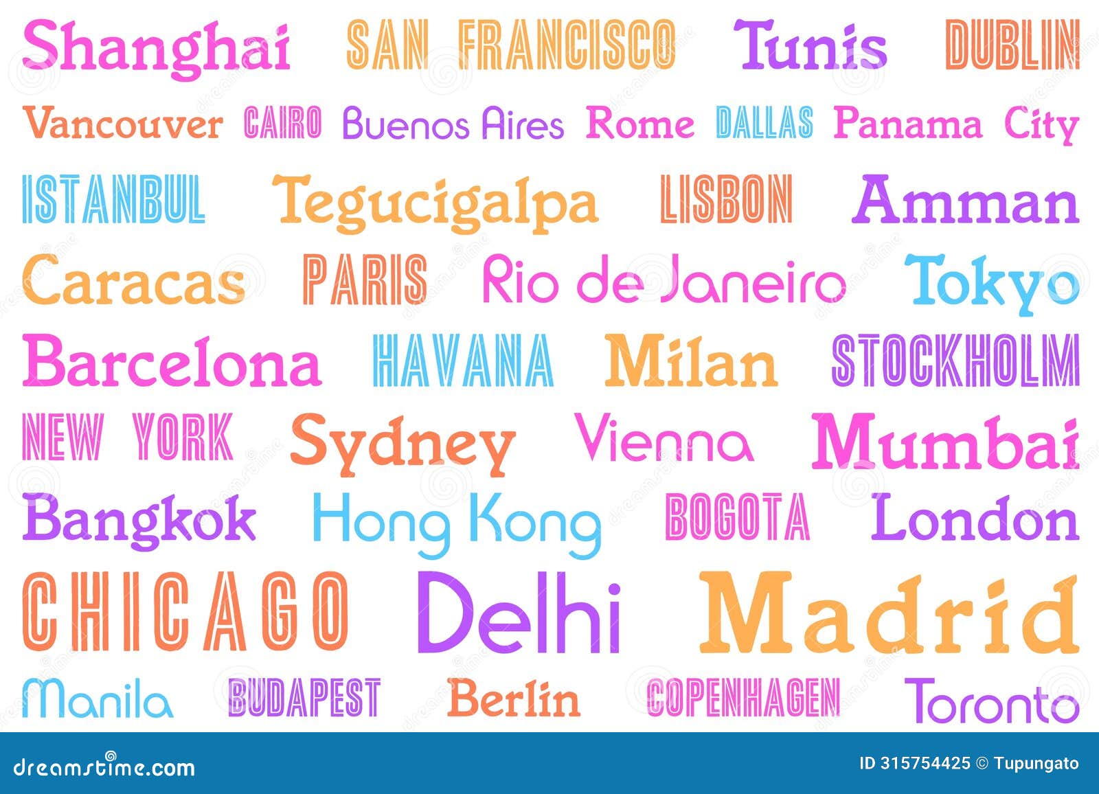Global Destination Colorful City Names Text Design Stock Vector ...