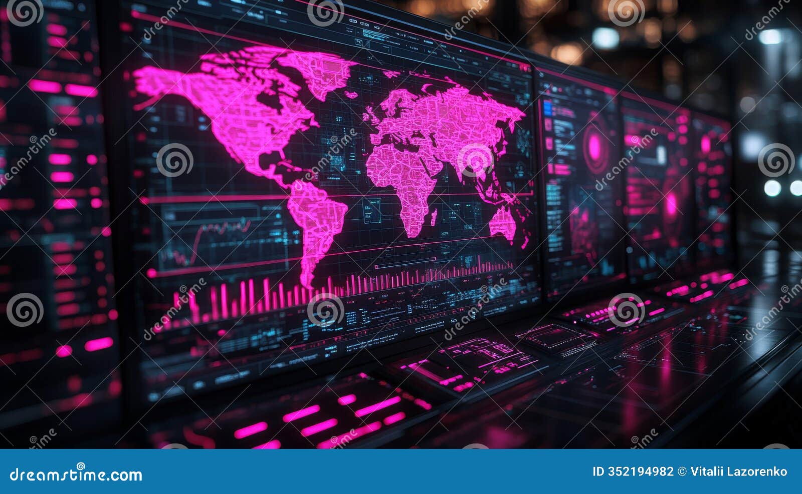 Global Digital Map on High Tech Command with Futuristic Interface ...