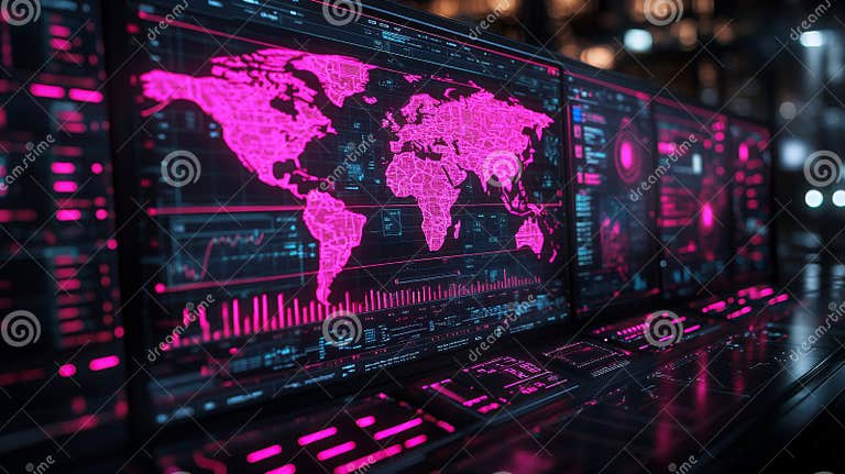 Global Digital Map on High Tech Command with Futuristic Interface ...