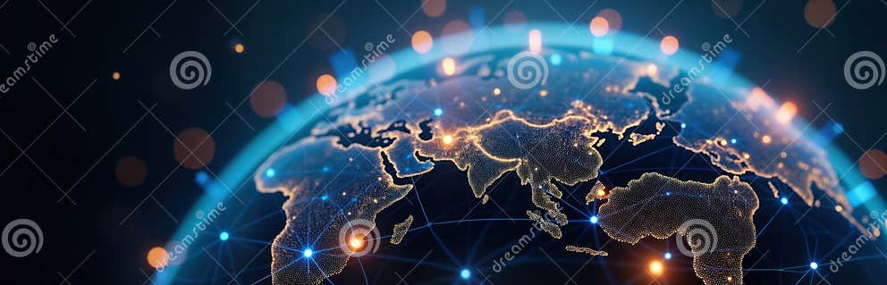 Global Digital Network. Earth Map with Glowing Interconnected Data ...