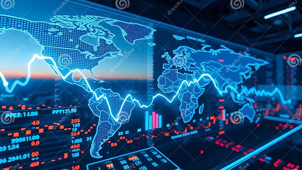 Global Financial Data Visualization on a Digital Screen at Sunset Stock ...