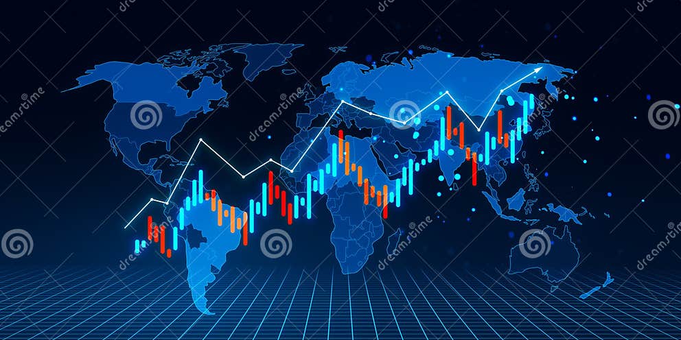 Global Forex Market with Upward Candlestick Chart on Digital World Map ...