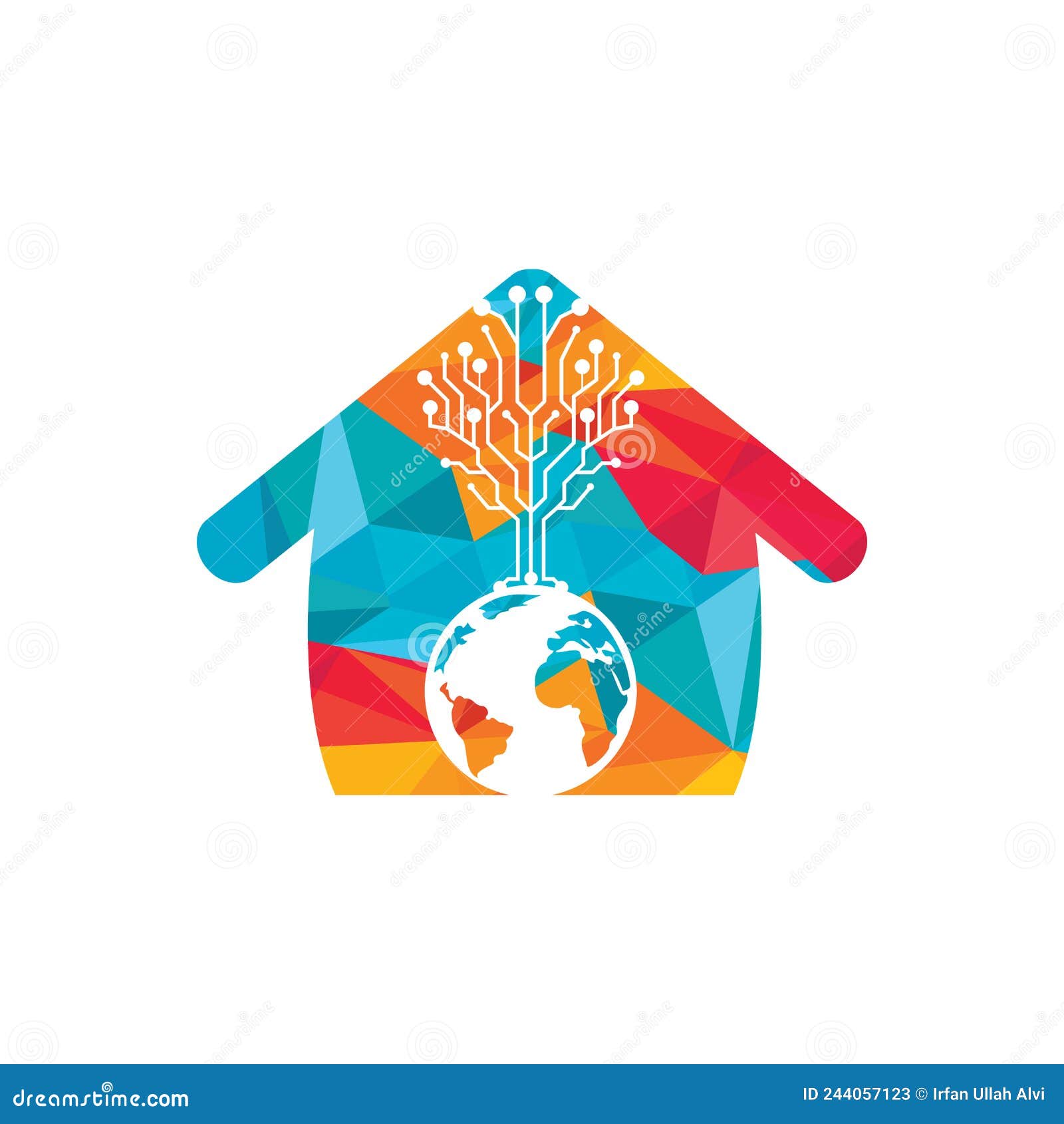 World Tech Vector Logo Design Template. Globe and Tech Tree with Home ...