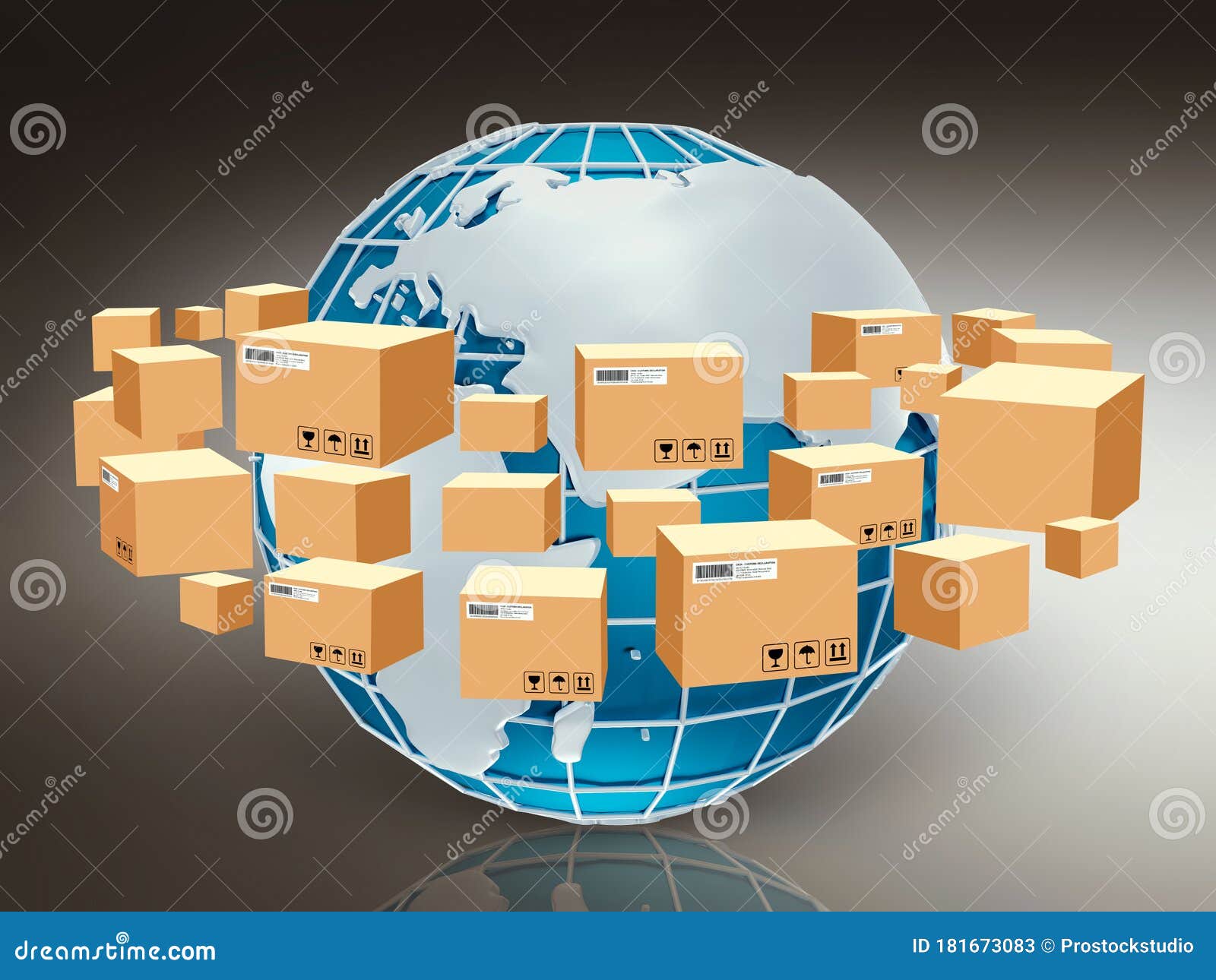 Global Logistics. 3D Illustration with Parcel Boxes Flying Around ...