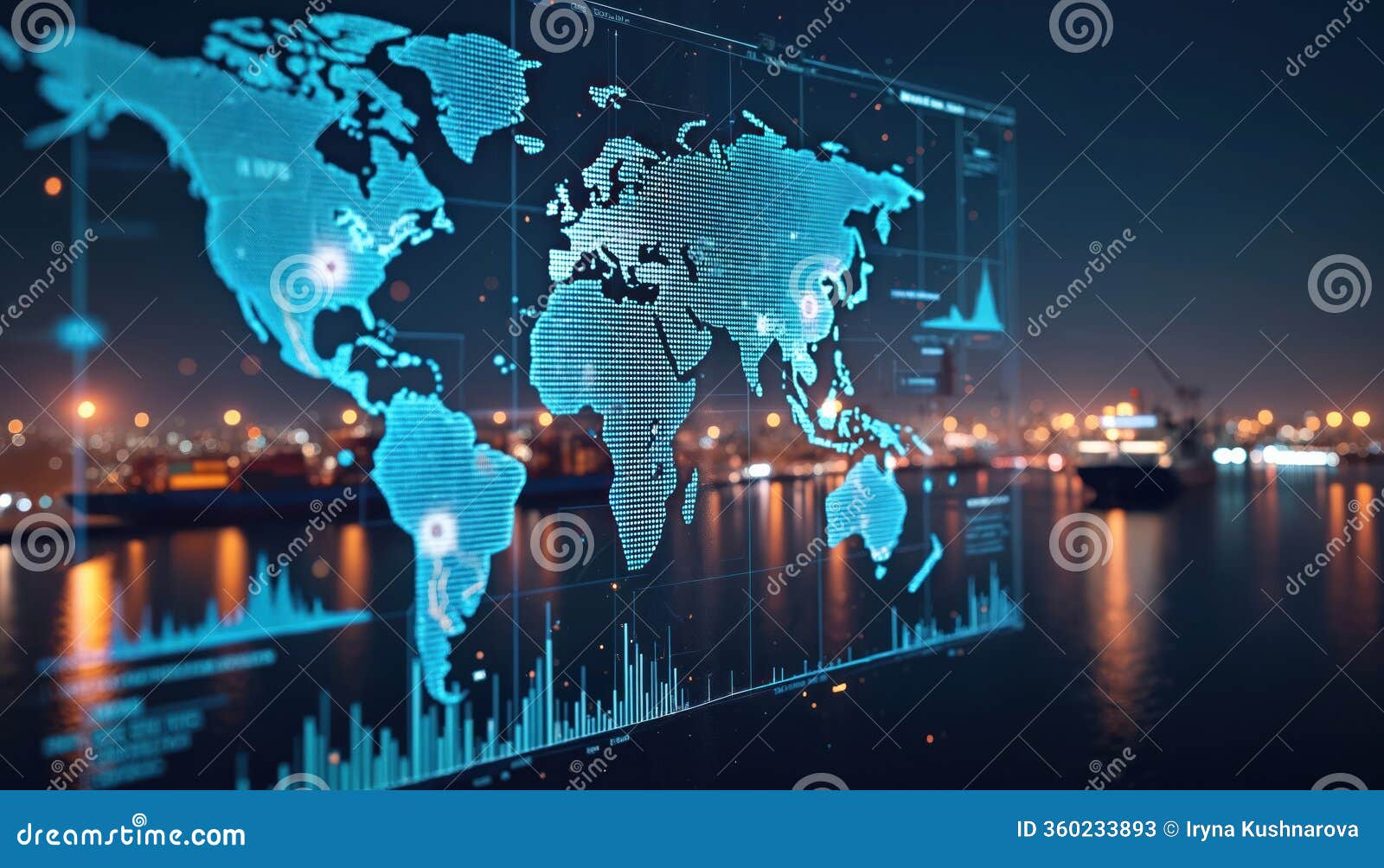 Night Harbor Aerial View Of Illuminated Cargo Ships And Industrial ...