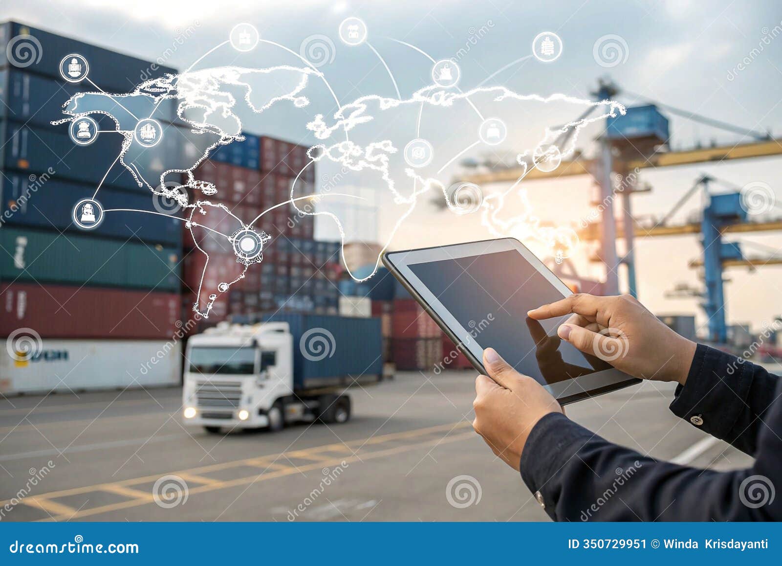 Global Logistics Management Using Tablet at Port Stock Illustration ...