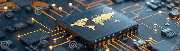 Global Map on Microchip Symbolizing Global Connectivity Stock ...