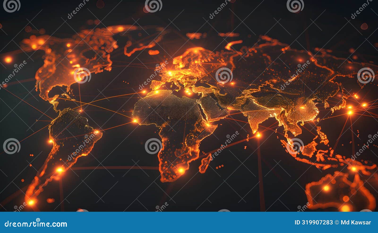 Global Map with Orange Glowing Connections on Dark Background Stock ...