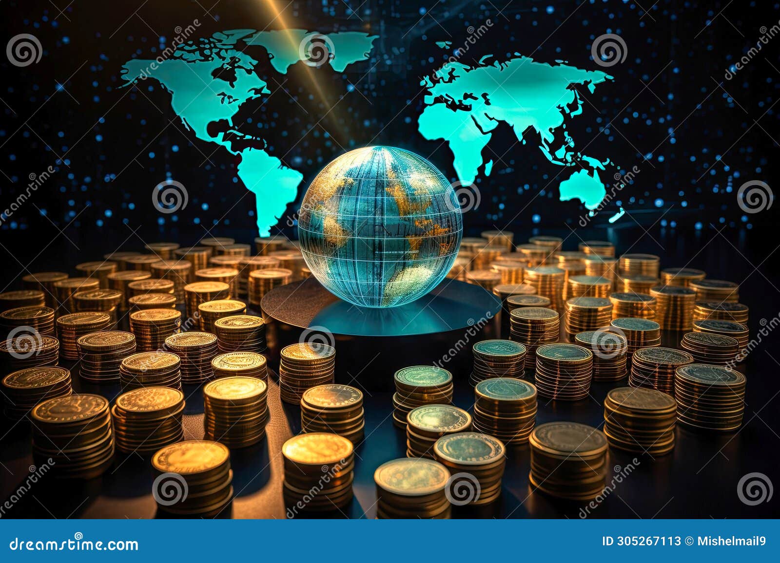 Global Money. Globe and Stack with Gold Coins. Block Chain, Virtual ...
