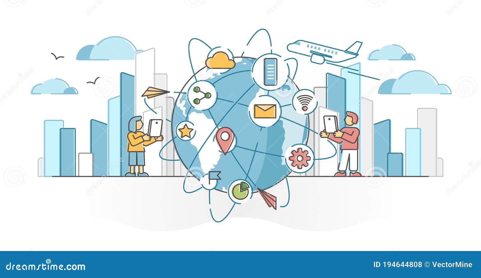 Global Network As Technological Communication Around Globe Outline ...