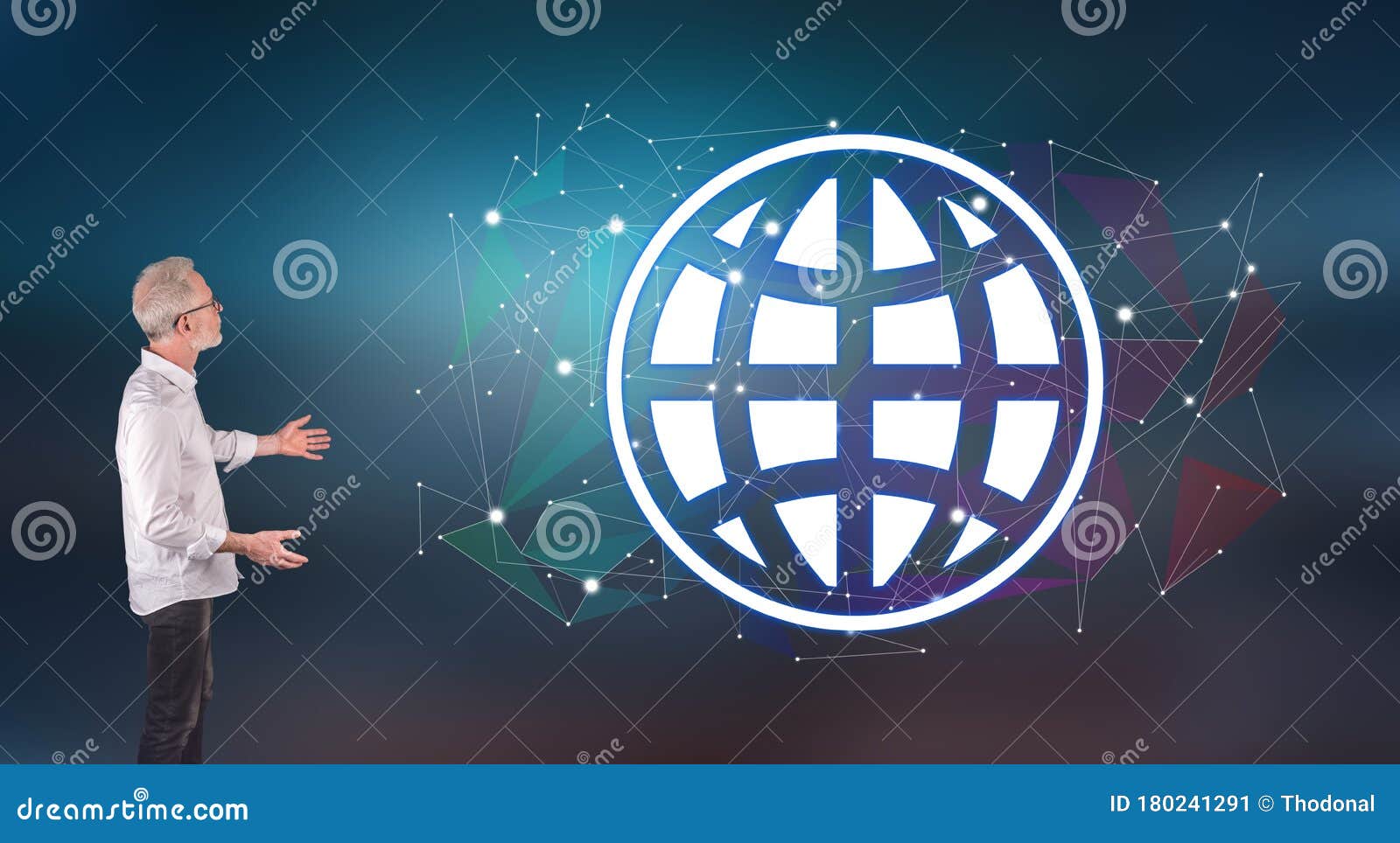 A Global Network Concept Explained by a Businessman on a Wall Screen ...