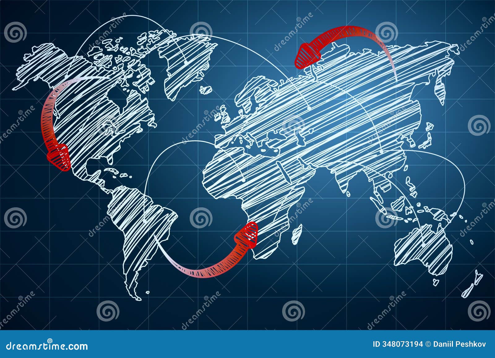 Global Network Concept with Hand Drawn World Map Sketch with Red Arrows ...