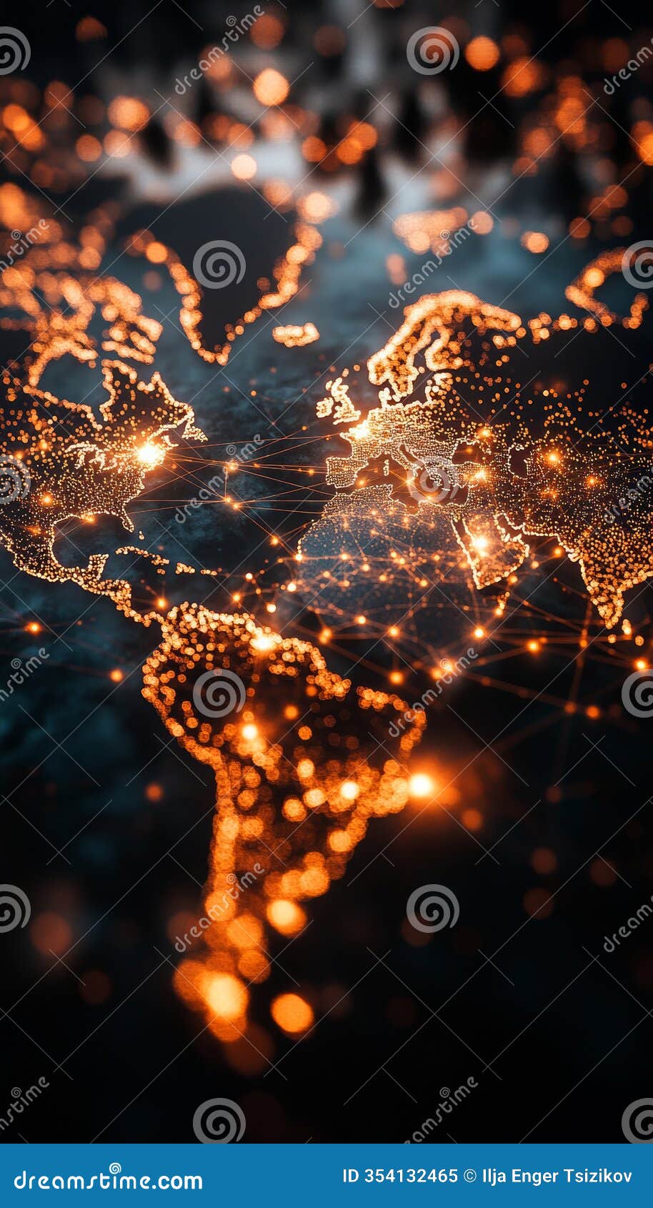 Global Network. Connected World Map with Glowing Nodes, Lines, and Data ...