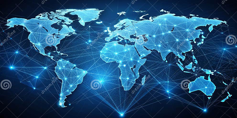 Global Network Connection Blue World Map with Connected Lines and Nodes ...