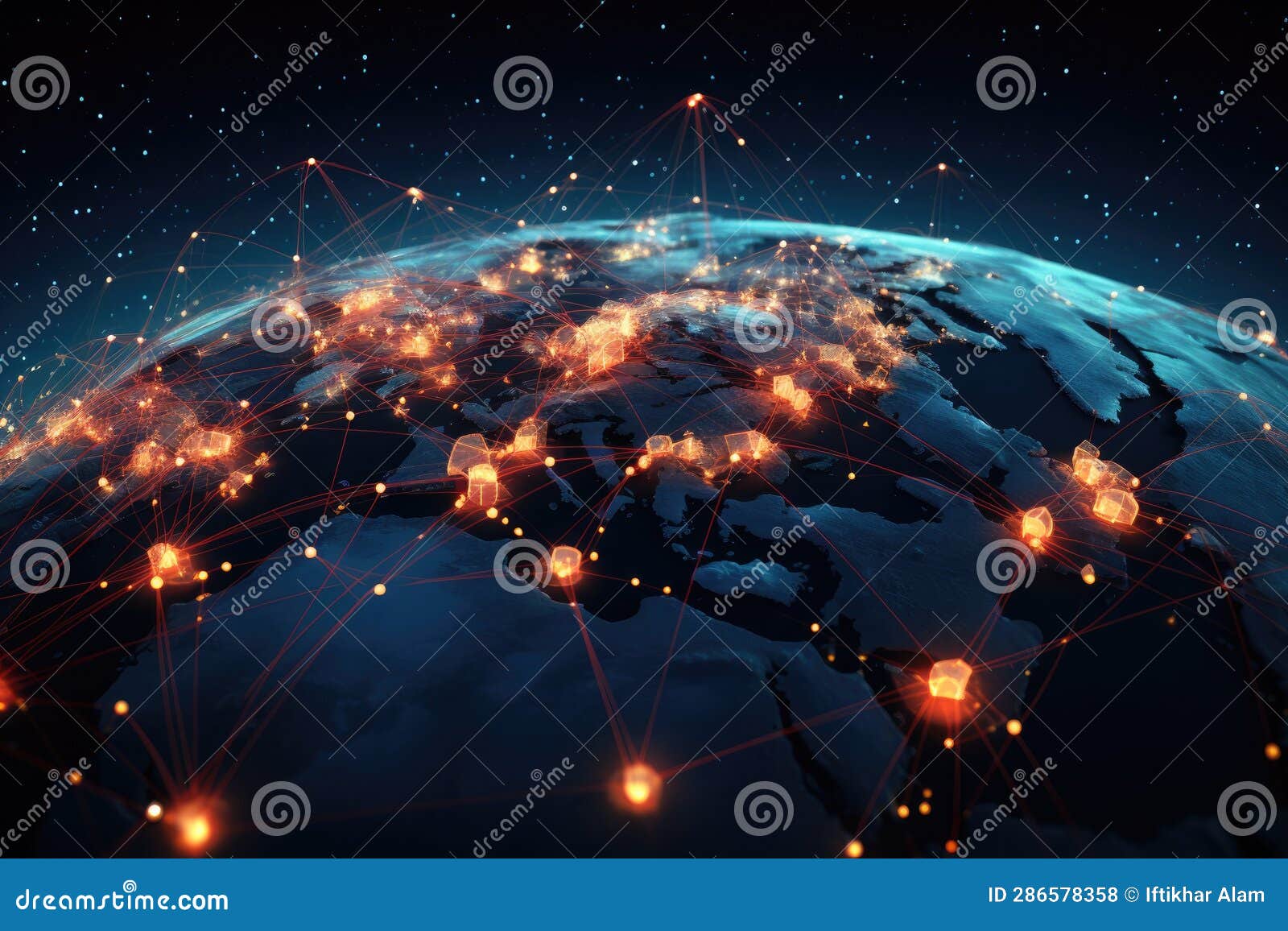 Global Network Connection Over the World. 3d Rendering Toned Image, an ...