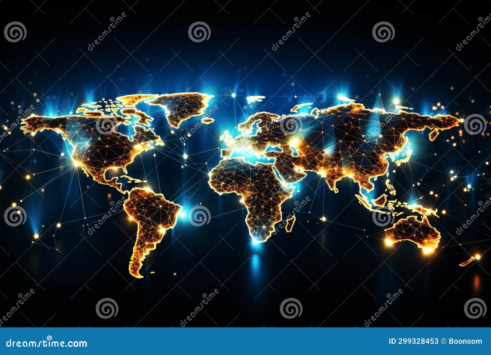 Abstract Digital Network World Map on Dark Blue Background. Technology ...