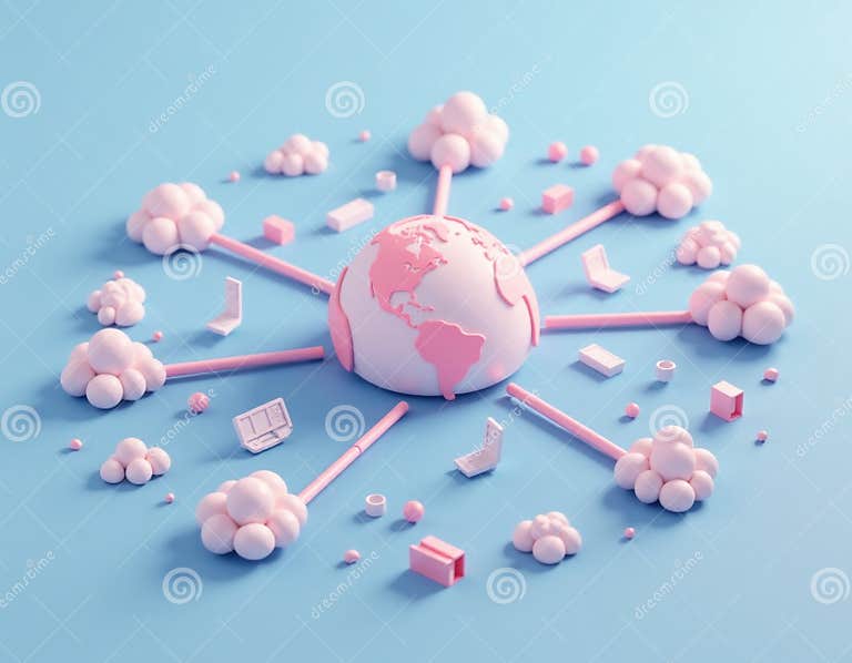 Global Network Connection Pastel Pink 3D Render of Earth and Cloud ...