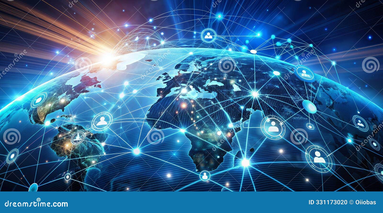 Global Network Connection with People Icons and Bright Lines Stock ...