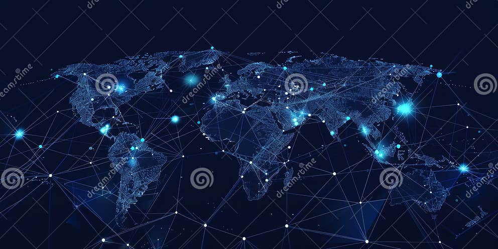 Global Network Connections on Digital World Map with Blue Background Stock Illustration ...