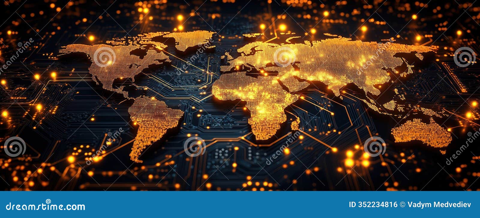 Global Network Connectivity. World Map Projected Onto Circuit Board ...