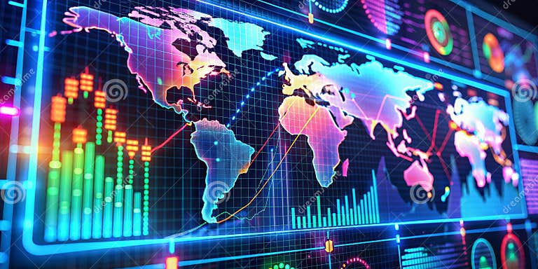 Global Network Data Analysis Neon World Map with Charts and Graphs ... Global Network Data Analysis Neon World Map with Charts and Graphs ...
