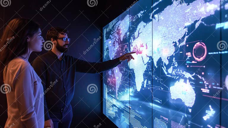 Global Network Data Analysis Team Examining Interactive World Map Display Stock Photo - Image of ...