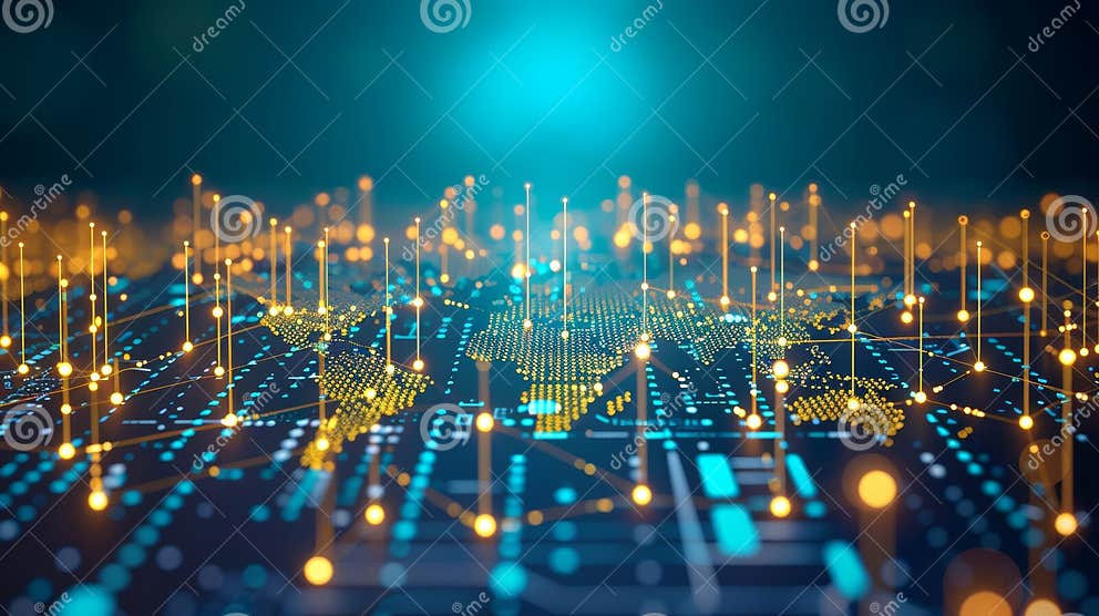 Global Network, Data Exchange Visualization, World Map, Glowing Dots ...