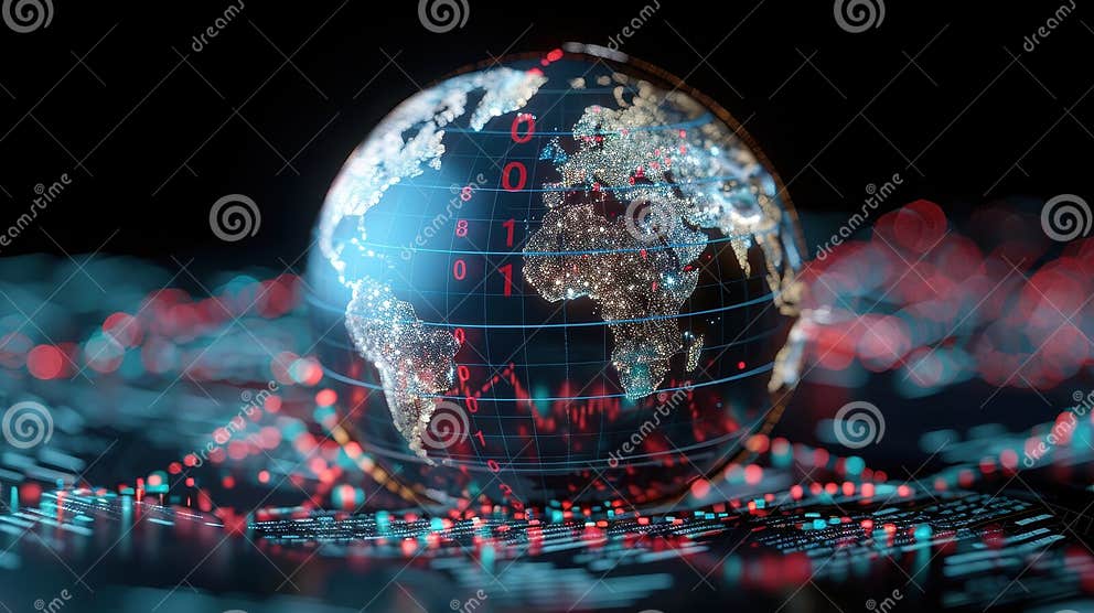 Global Network Data Visualization with Earth Globe and Digital Code Stock Illustration ...