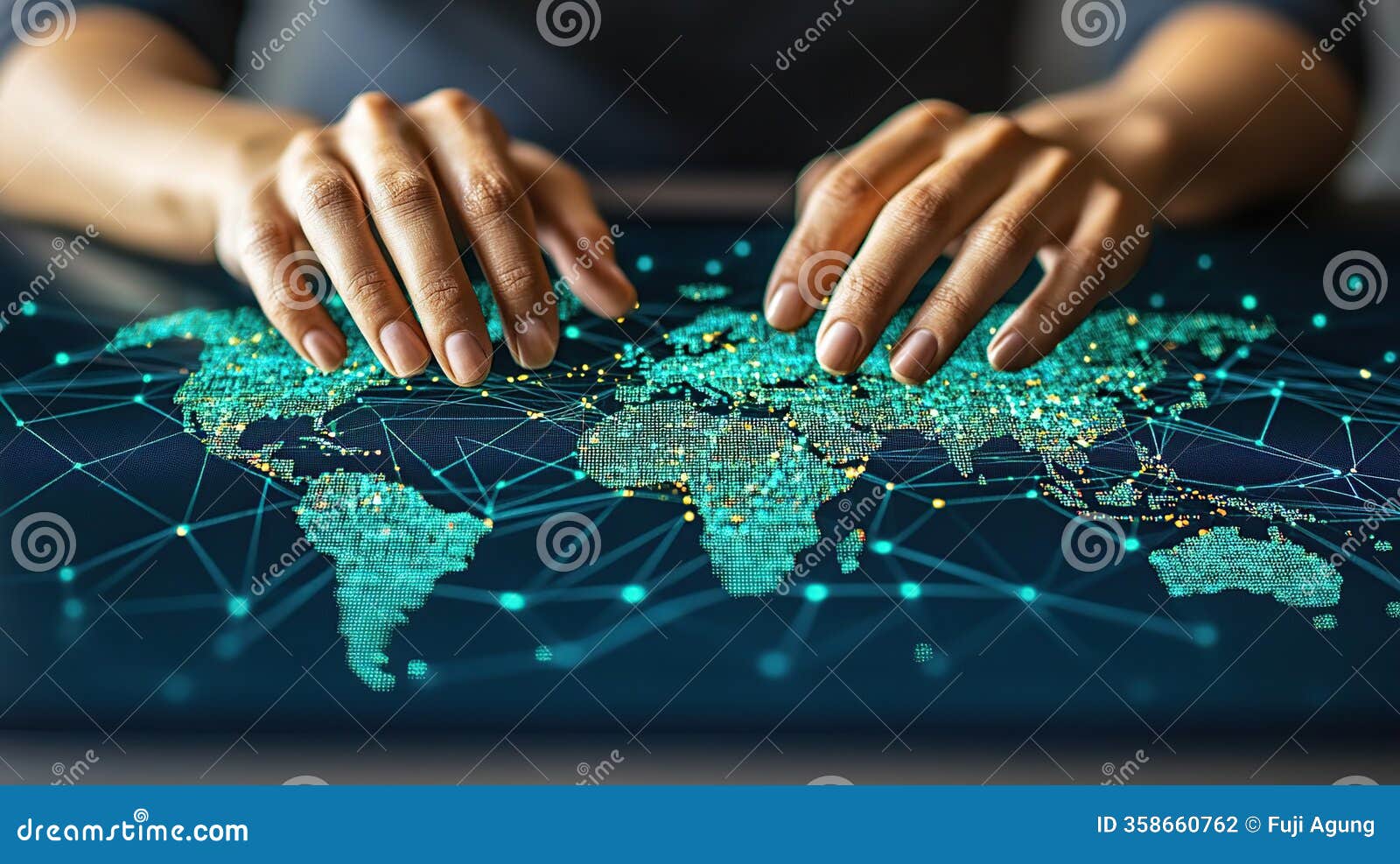 Global Network, Hands Interact, Digital Map, Office Background ...