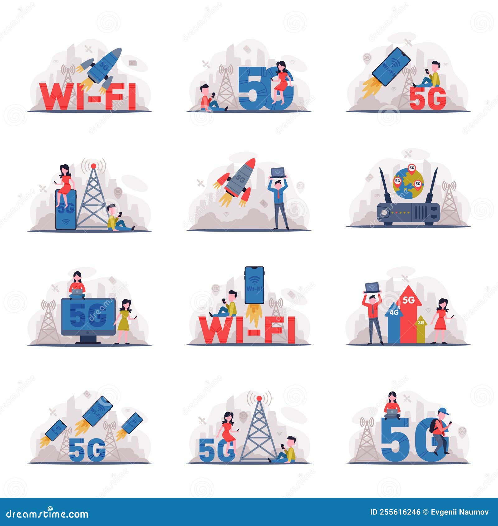 Global Network High Speed Connection Technologies Set. People Using ...