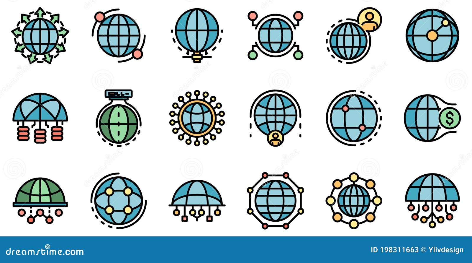 Global Network Icons Set Vector Flat Stock Vector - Illustration of ...