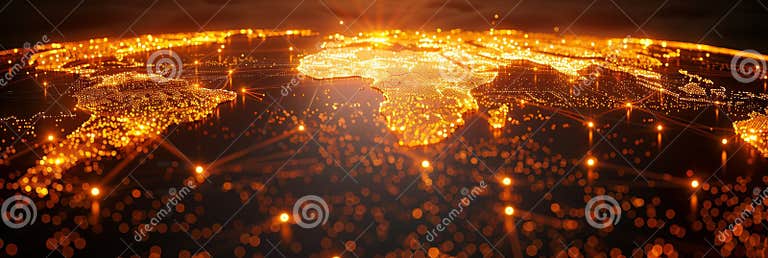 Global Network, Illuminated City Lights and Data Flow on World Map ...