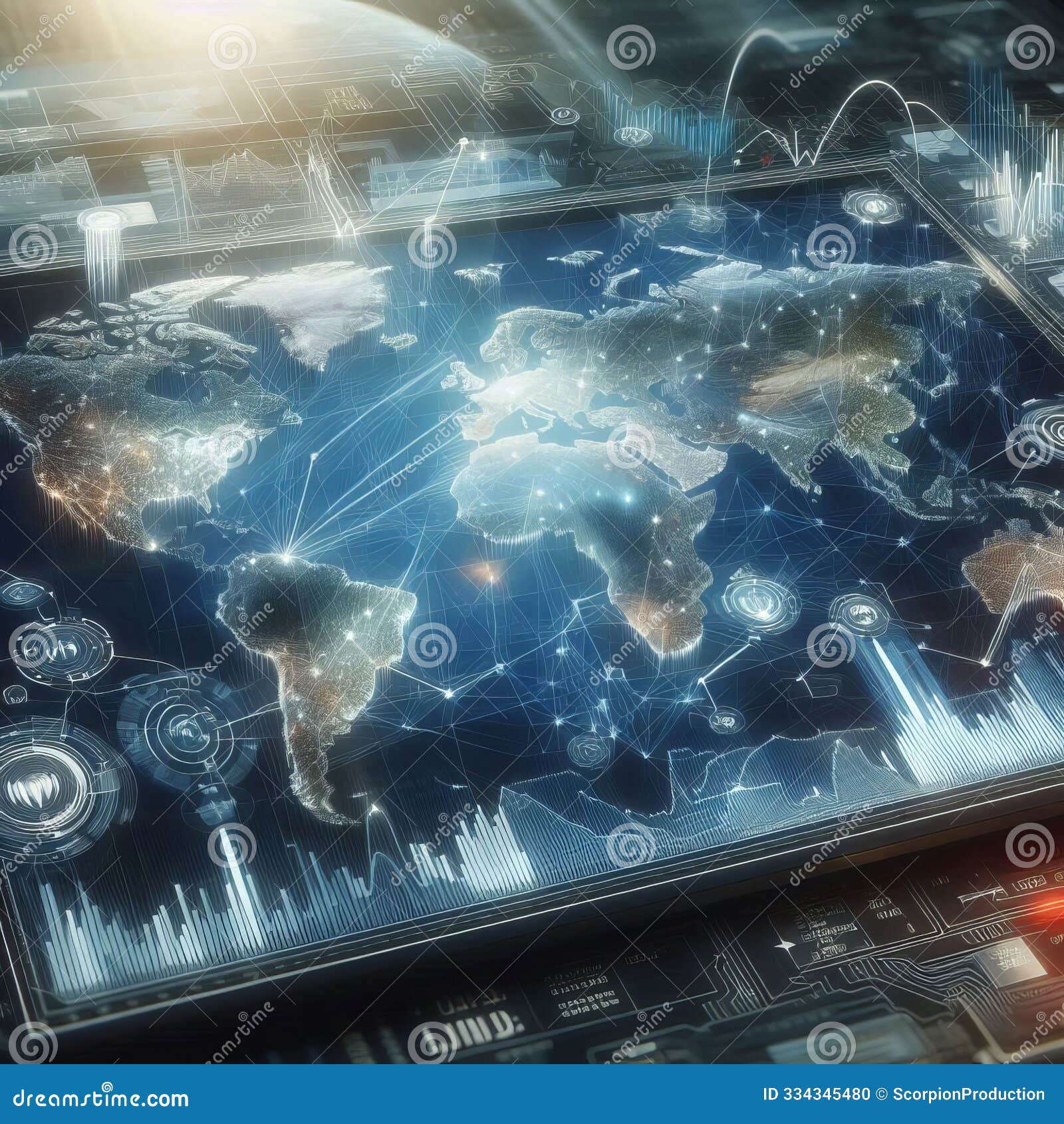 Global Network Map on Digital Screen with Data Analytics Overlays Stock ...