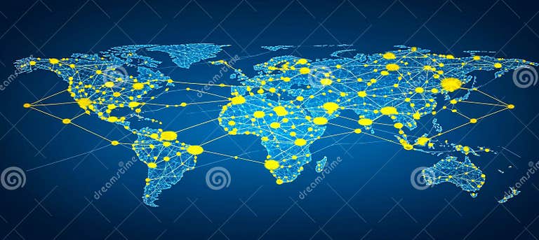 Global Network Map with Interconnected Nodes, Lines, Glowing Lights ...