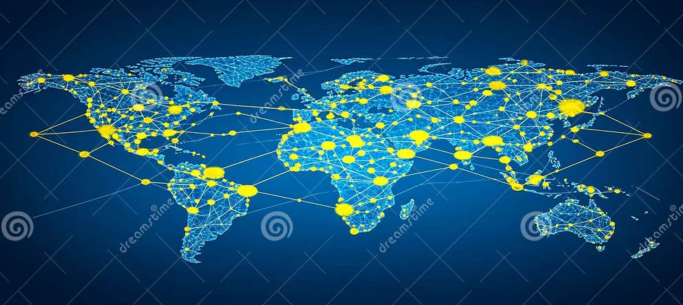 Global Network Map with Interconnected Nodes, Lines, Glowing Lights ...