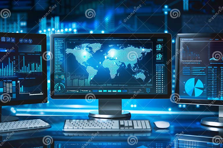Global Network Monitoring System Displays Data Analytics Charts and Graphs on Multiple Computer ...