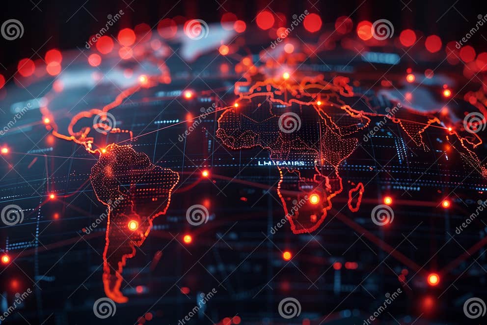 Global Network Oriented Digital Map in Red Hues Stock Image - Image of ...