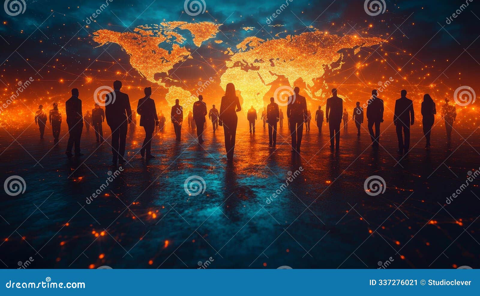 Global Network of People Connected through Technology with Glowing ...