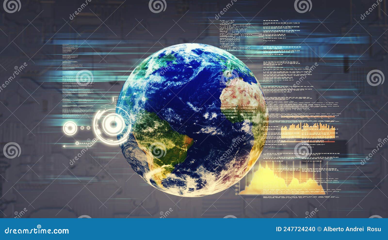 Planet Earth and Futuristic Data Information Screens . Stock ...