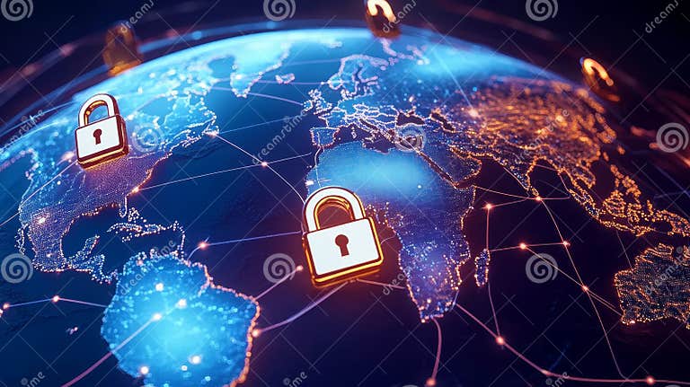 Global Network Security Padlocks on a Glowing World Map Illustrate ...