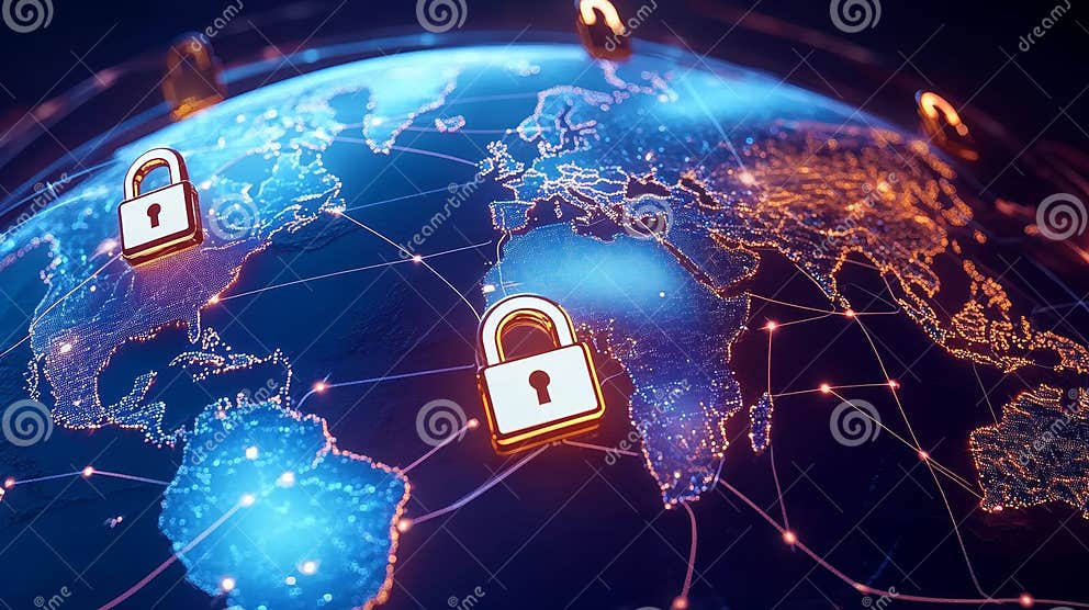 Global Network Security Padlocks on a Glowing World Map Illustrate ...