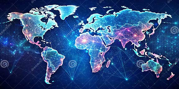 Global Network - World Map with Connected Lines and Glowing Nodes Stock ...